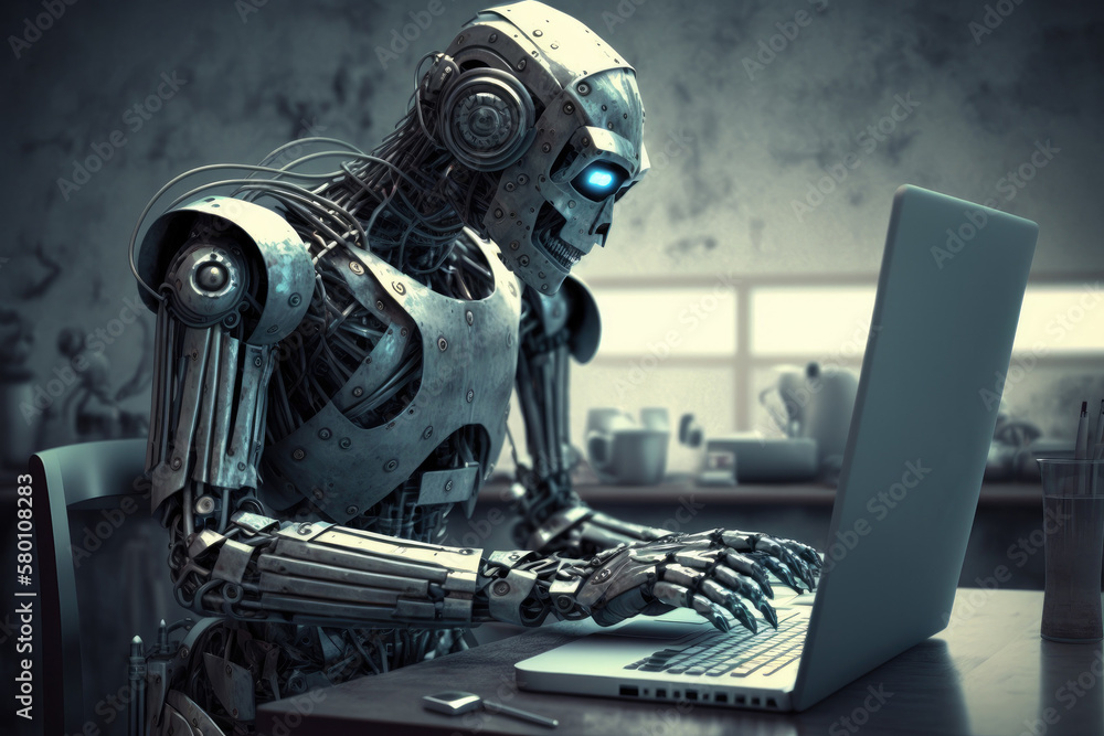 Humanoid cyborg robot working on the laptop as chat bot.Concept ...
