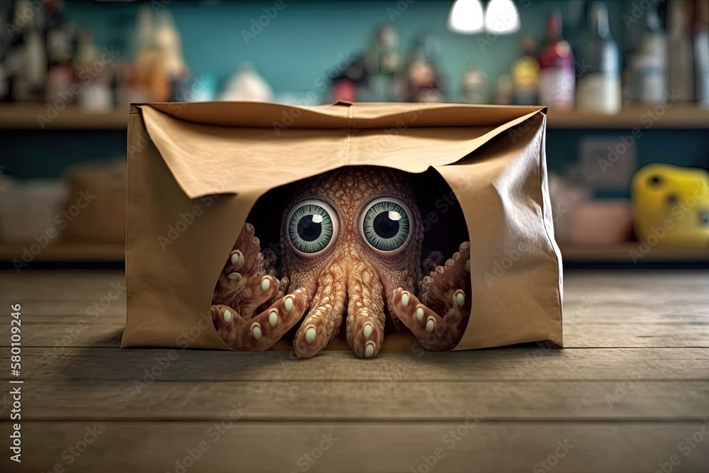 a paper bag with an image of an octopus in it's mouth and eyes peeking ...