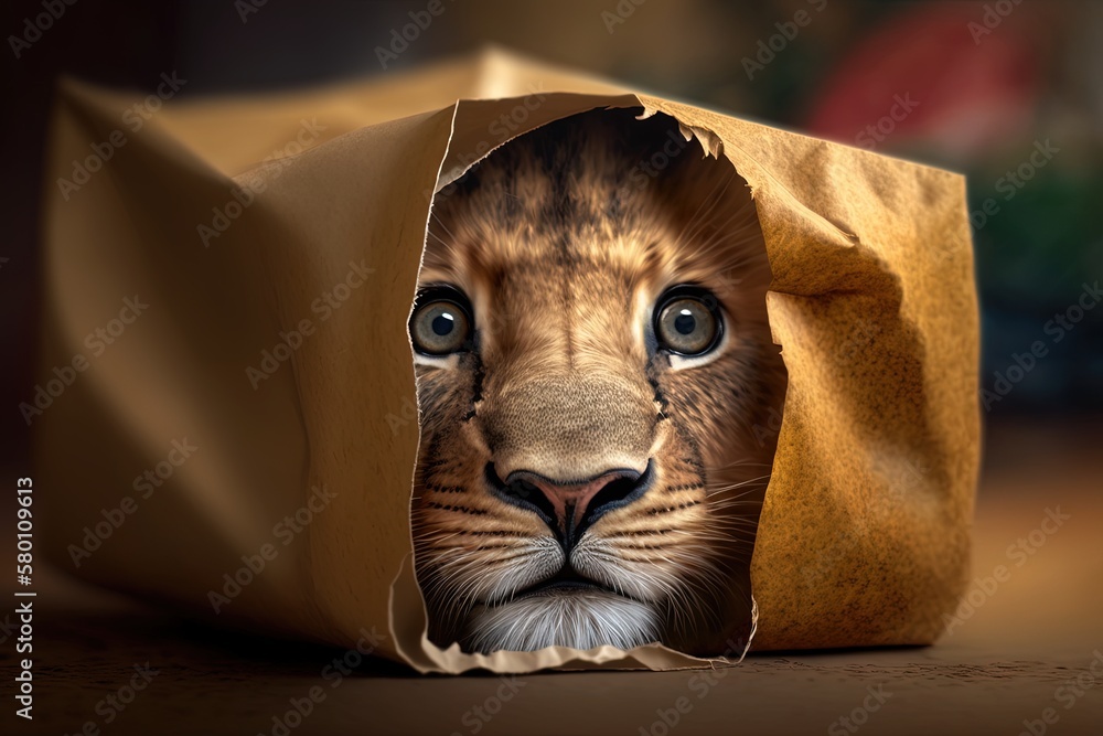 a lion cub is peeking out of a brown paper bag with its eyes wide open ...
