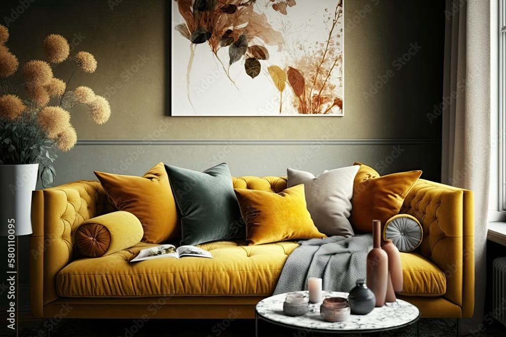 Ochre colored sofa with cushions. Interior design illustration of a ...