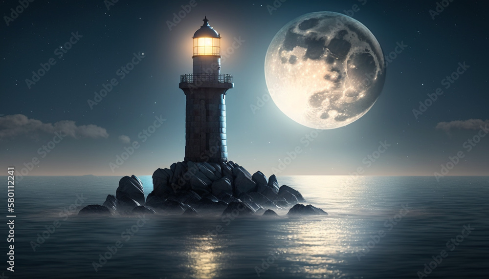 The moon rises over a still ocean, with the silhouette of a lighthouse ...