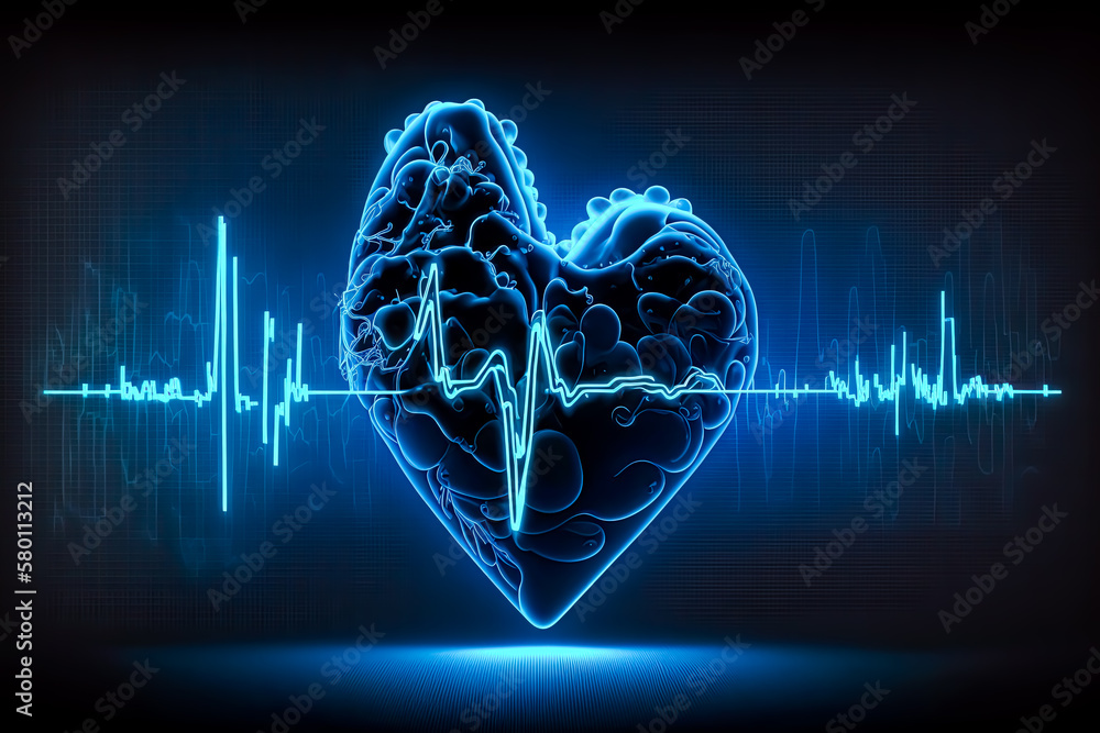 Emergency EKG monitoring. Blue glowing neon heart pulse. Heart beat ...