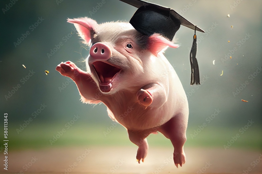 A mini pig with a graduation hat, tossing a diploma in the air with a ...
