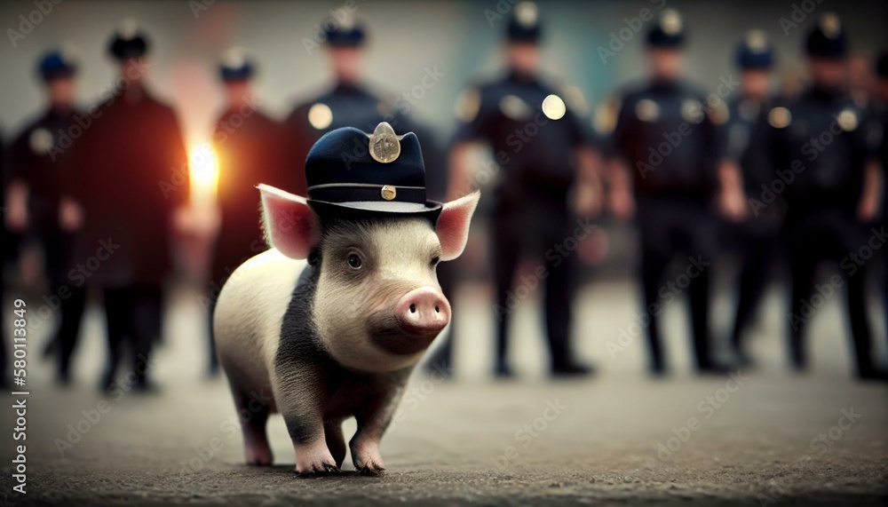 A mini pig with a police hat, directing traffic with a whistle ...