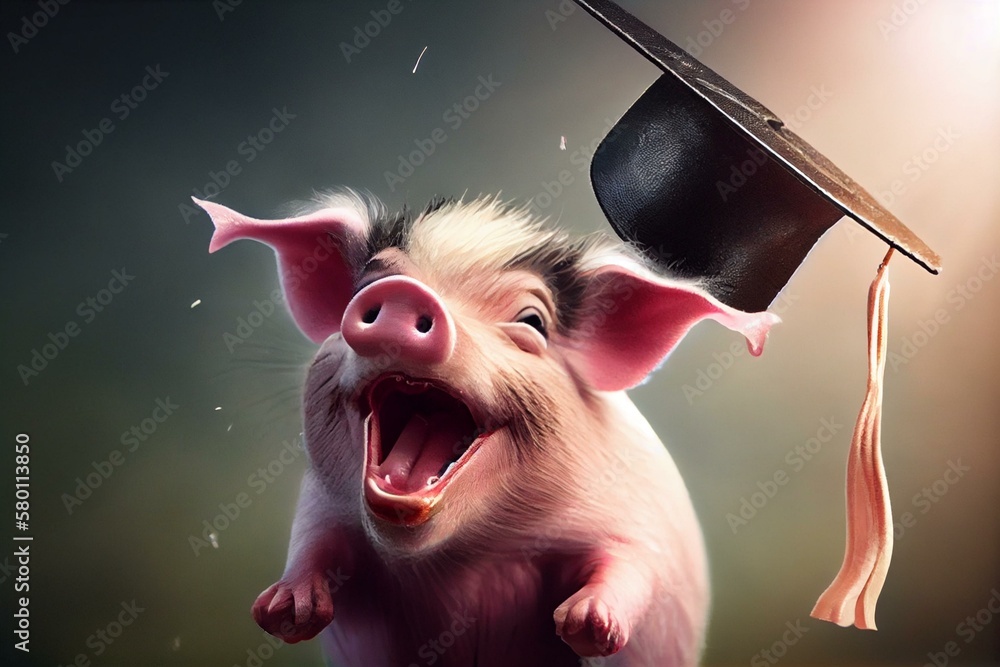 A mini pig with a graduation hat, tossing a diploma in the air with a ...