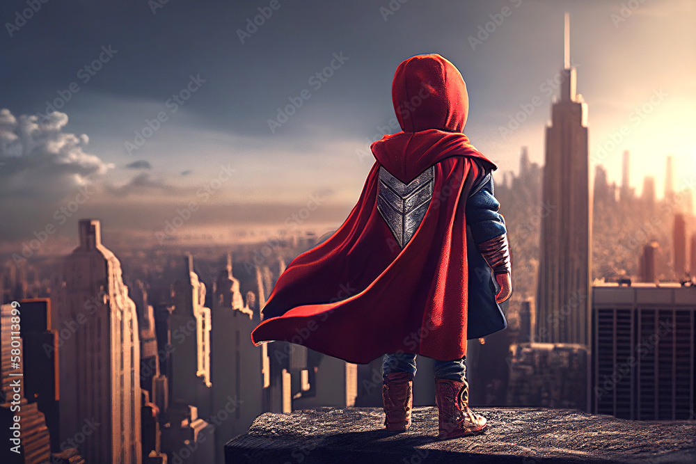 Little child boy plays superhero. Back view, Child on top building ...