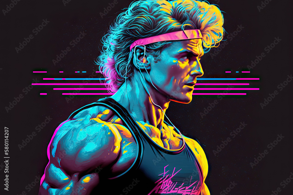 80s 90s retro style man ready to exercise created with Generative AI ...