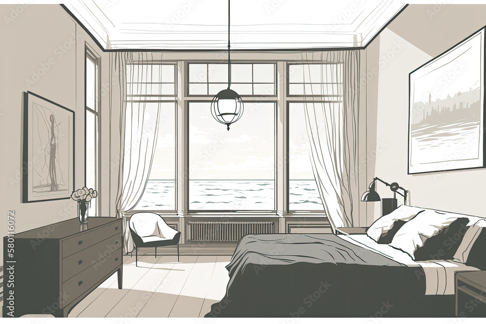 Drawing sketch illustration of modern bedroom with big french windows ...