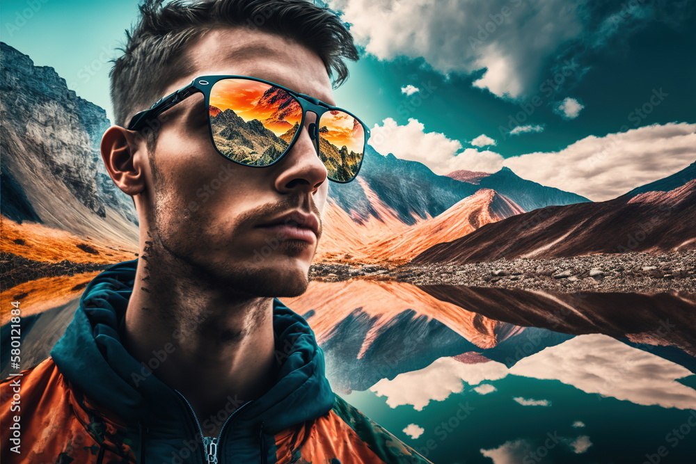 Sunglasses mirrored reflection of the wondrous mountain path and sunny ...