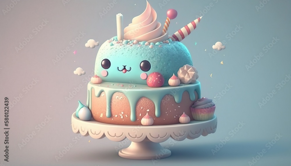 Cartoon animated sweet appetizing looking cute cake with happy smile ...