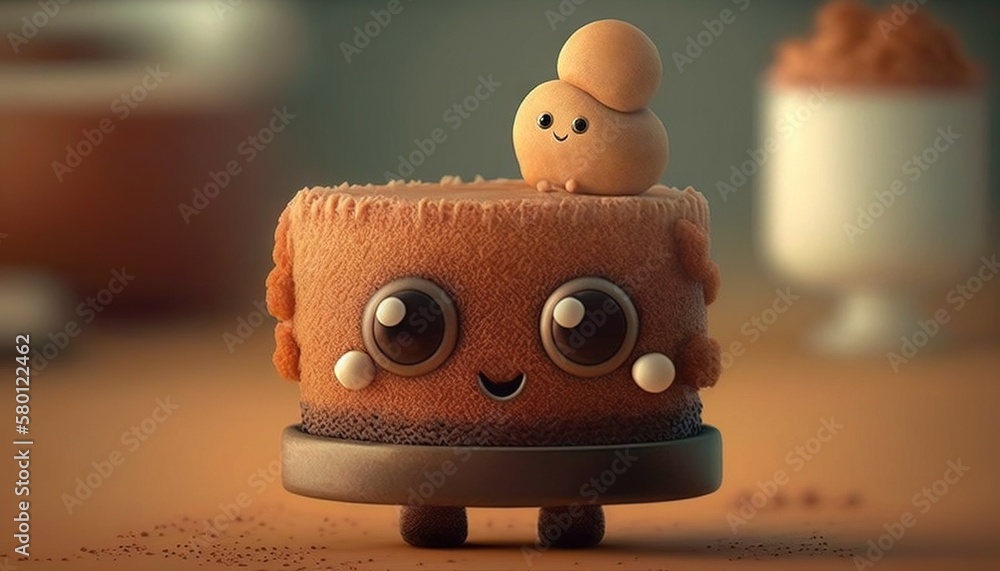 Cartoon animated sweet appetizing looking cute cake with happy smile ...