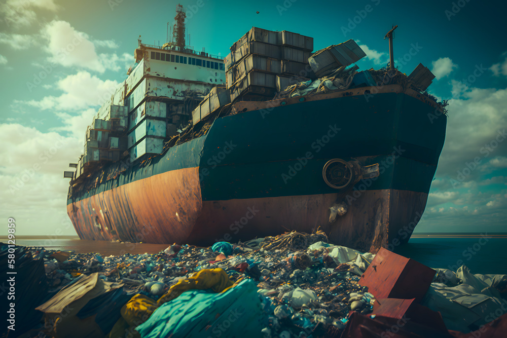Huge industrial ship loaded with various waste transports garbage for ...