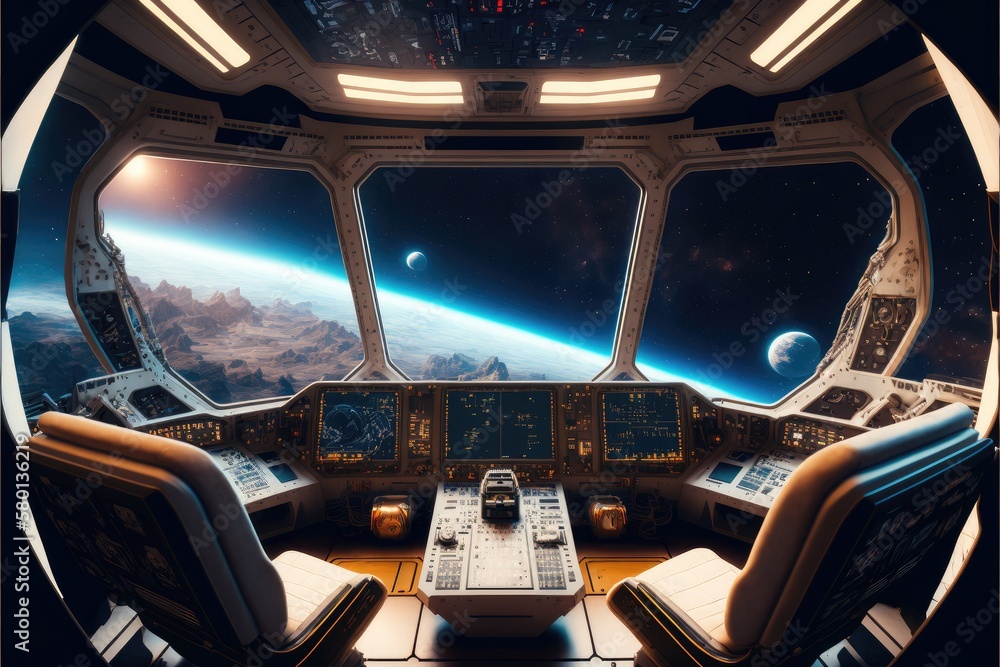 Outer view of spaceship window with control system room. Abstract ...