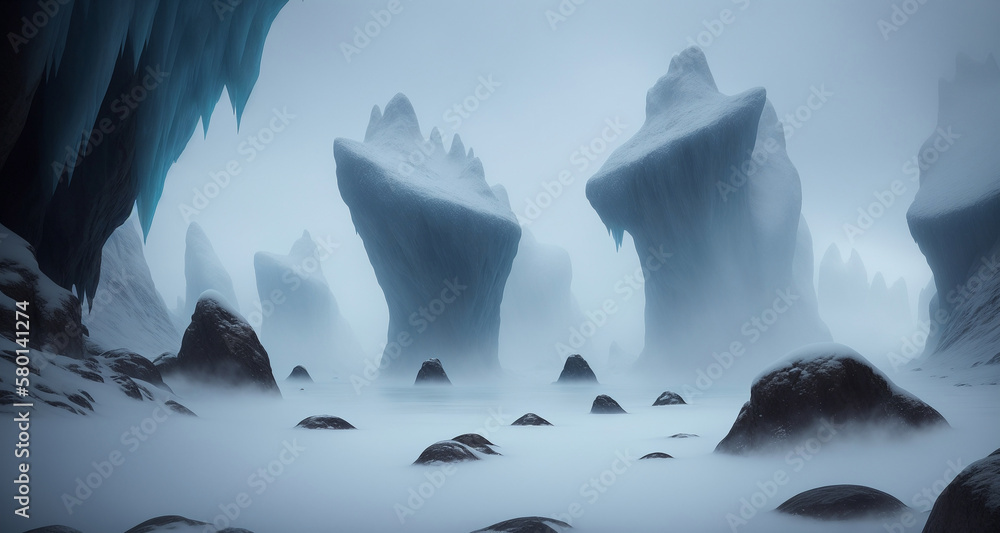 Towering Ice Mountains in Foggy Fantasy Scenery with Eerie Undertone ...