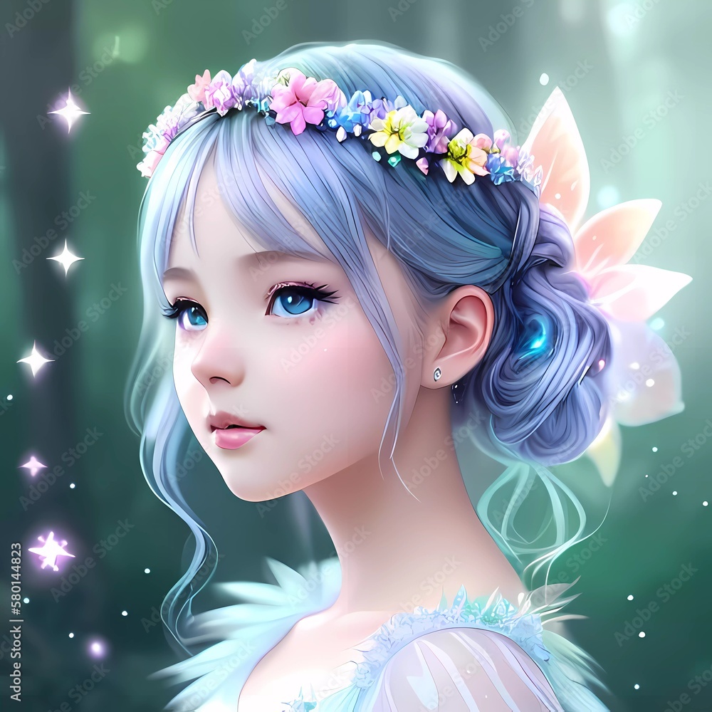 Cute Forest Fairy, portrait of the girl with a wreath of flowers, Anime ...