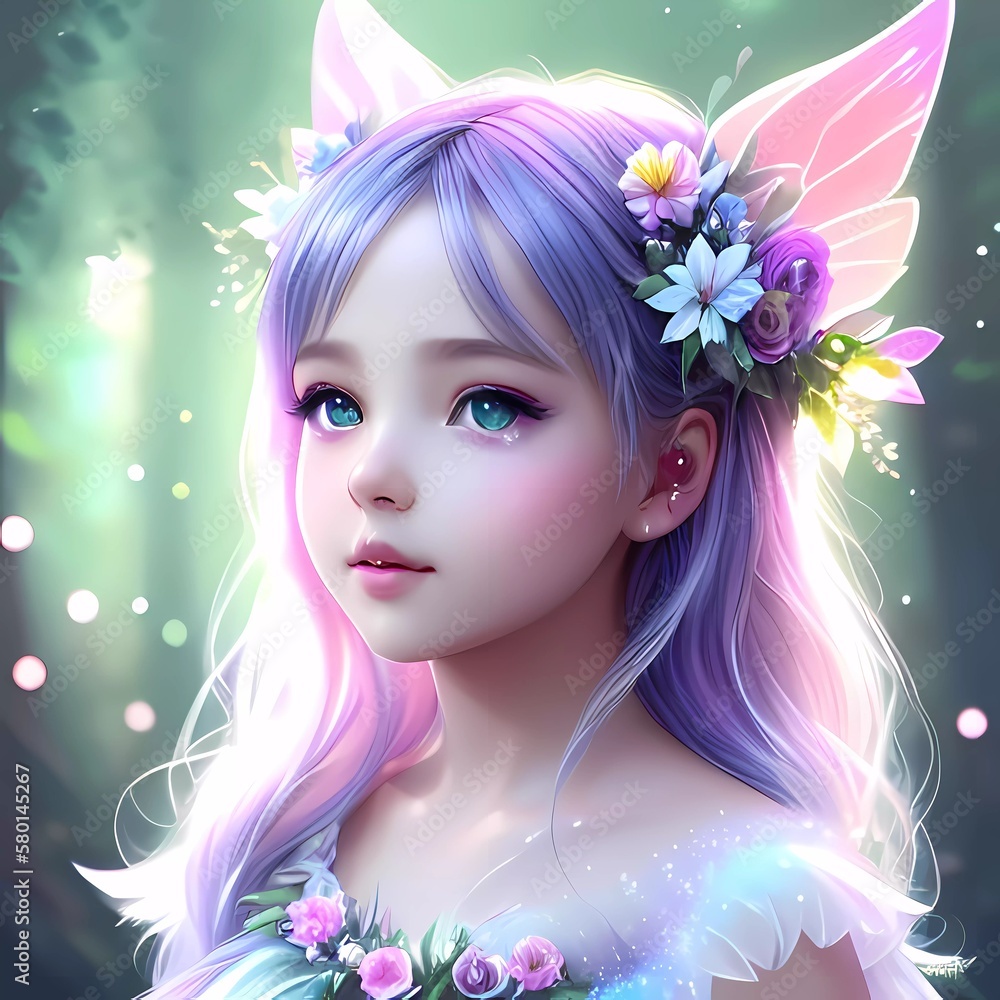 Cute Forest Fairy, portrait of the girl with a wreath of flowers, Anime ...