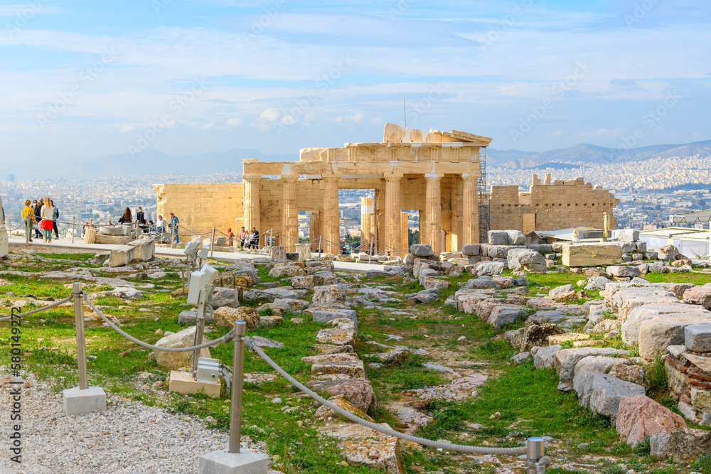 Tour groups pass through the Propylaea gateway to the Parthenon and ...
