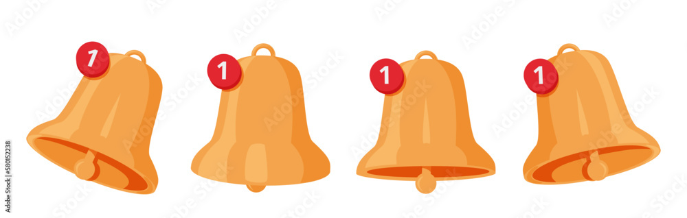 Notification bell icon set isolated on white background. Yellow ringing ...