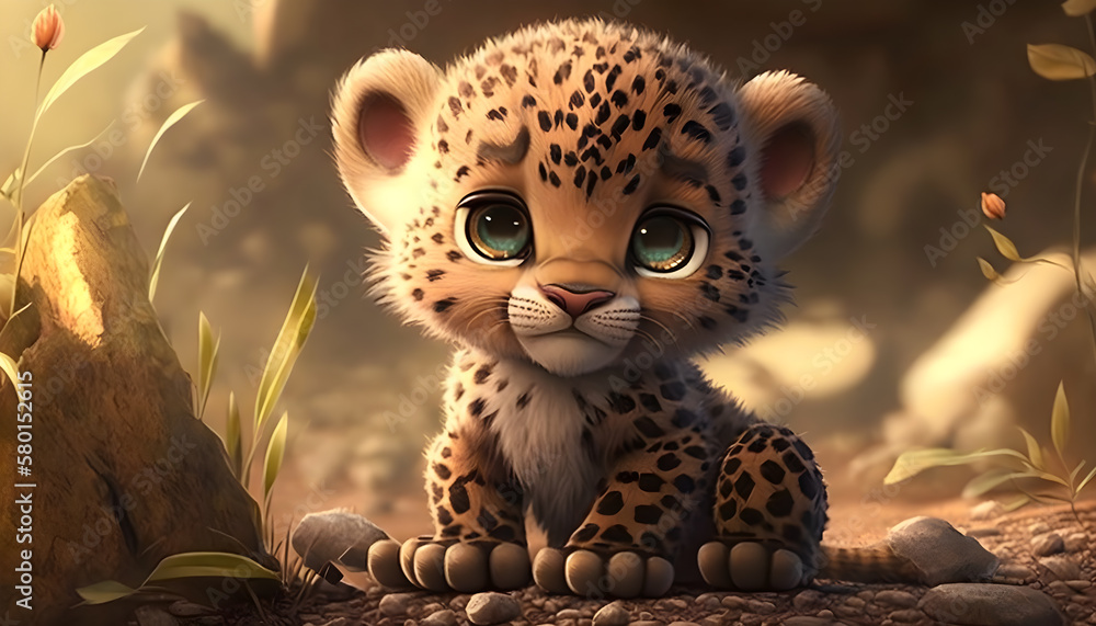 A cute adorable baby leopard rendered in the style of children-friendly ...