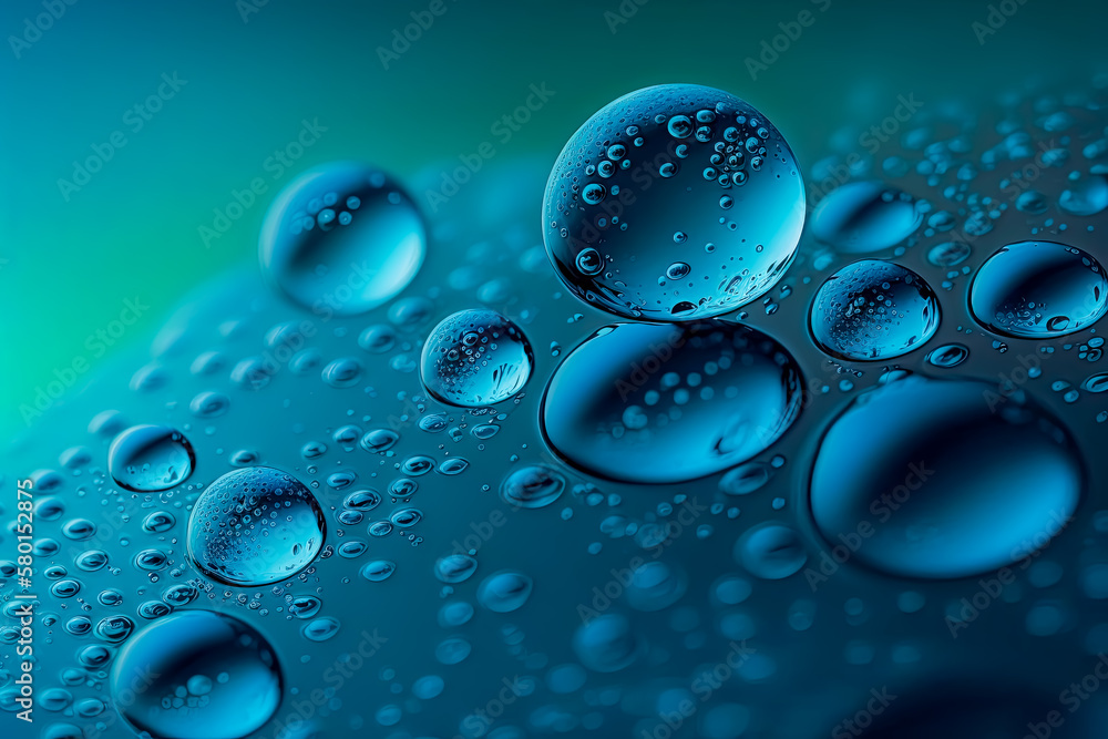 Liquid Drops on Blue Background. Macro Wallpaper. Generative Ai, water ...