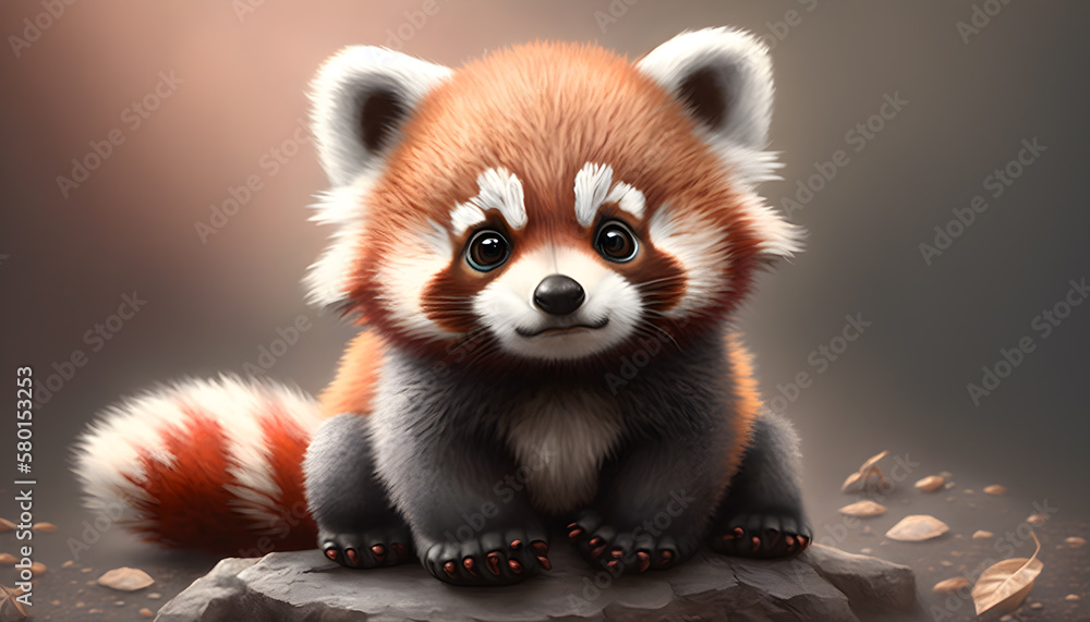 A cute adorable baby red panda rendered in the style of children ...