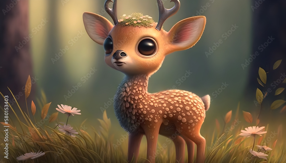 A cute adorable baby deer rendered in the style of children-friendly ...