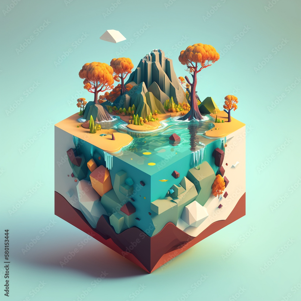 Ai generated illustration of poly square paradise island, cartoon globe in low polygonal 3d ...