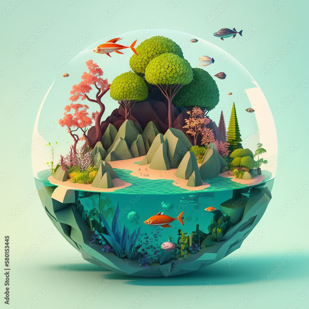 Ai generated illustration of poly sphere terrarium paradise island ...