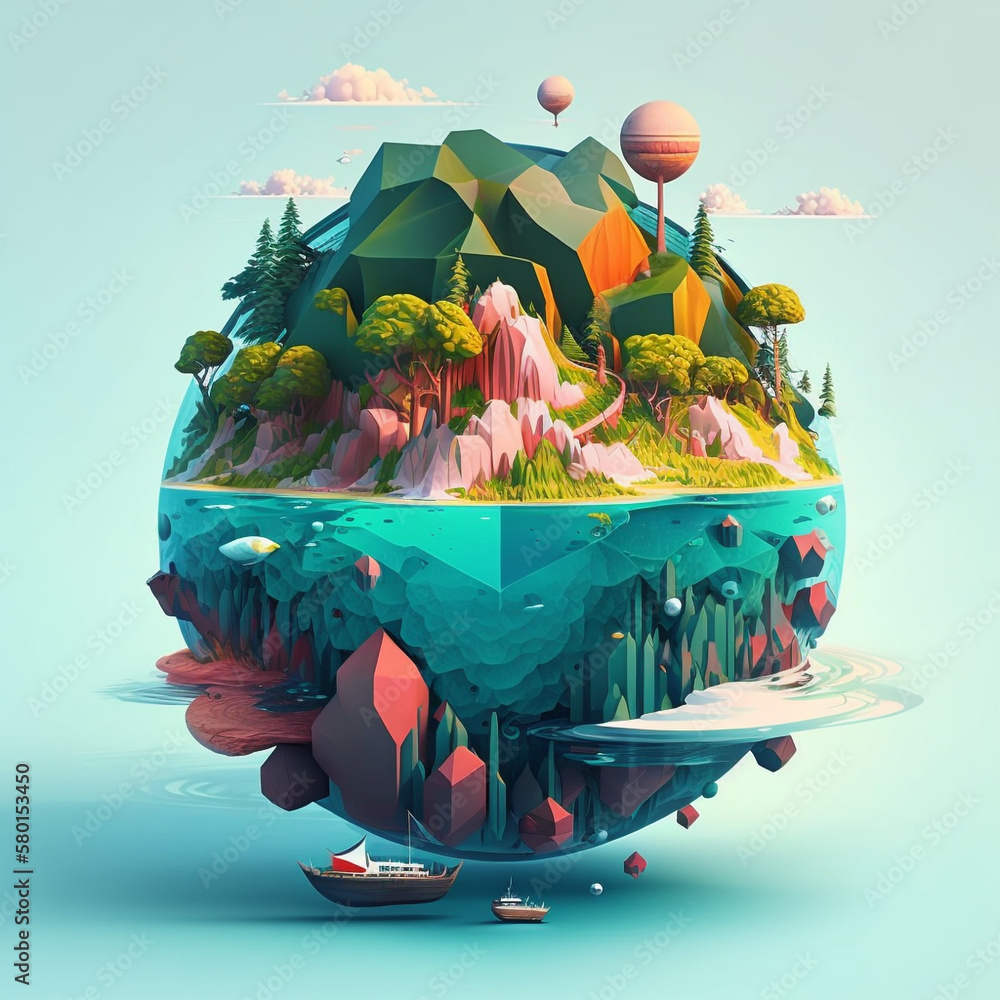 Ai generated illustration of poly sphere paradise island, cartoon globe ...