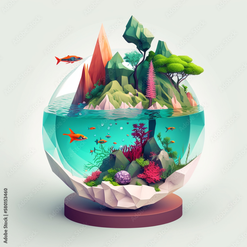 Ai generated illustration of poly sphere terrarium paradise island ...