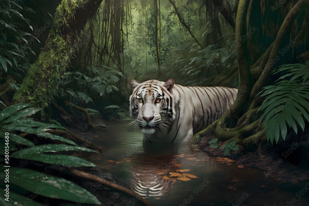 White Tiger hunting in the jungle | Ai Generated animal illustrations ...