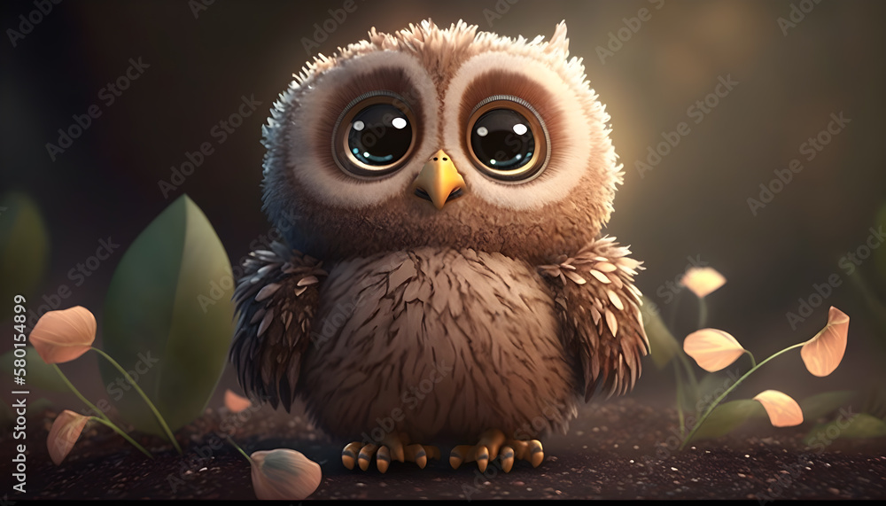 A cute adorable baby owl rendered in the style of children-friendly ...