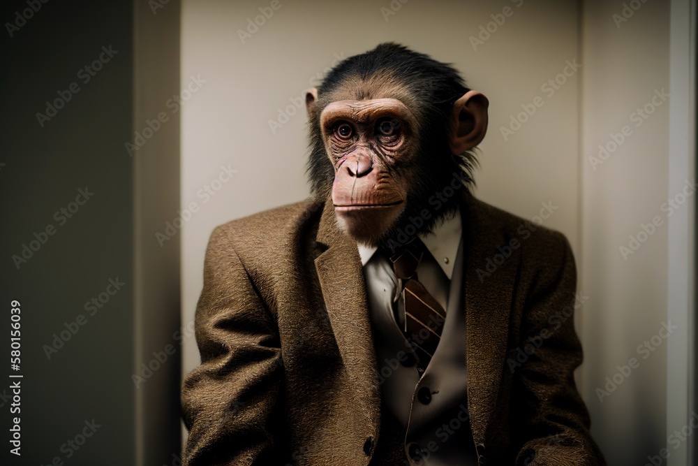 Monkey in jacket in human form. Monkey head in a human body in a ...