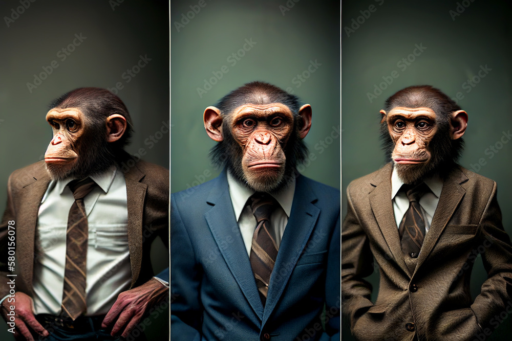 Monkey in jacket in human form. Monkey head in a human body in a ...