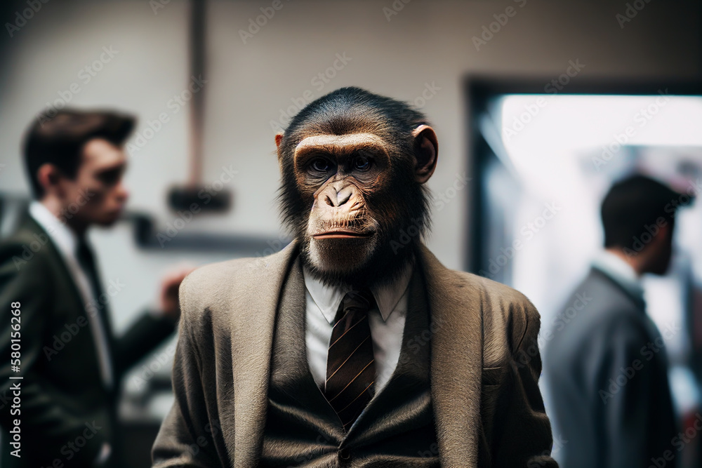Monkey in jacket in human form. Monkey head in a human body in a ...