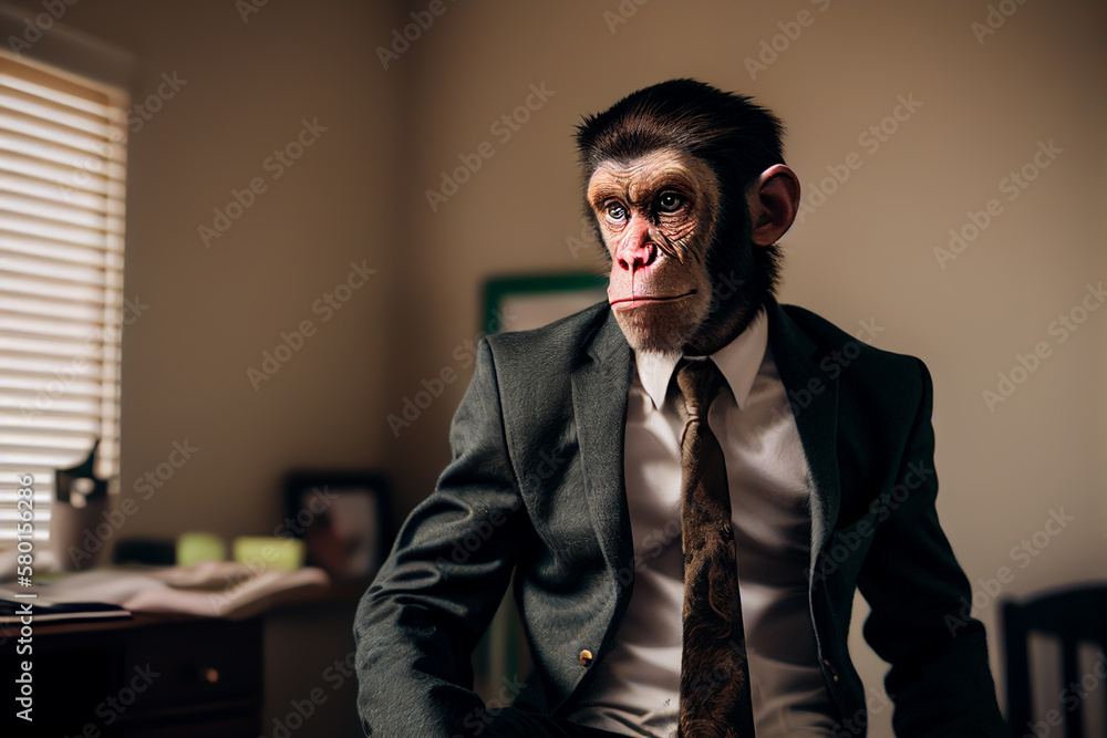 Monkey in jacket in human form. Monkey head in a human body in a ...