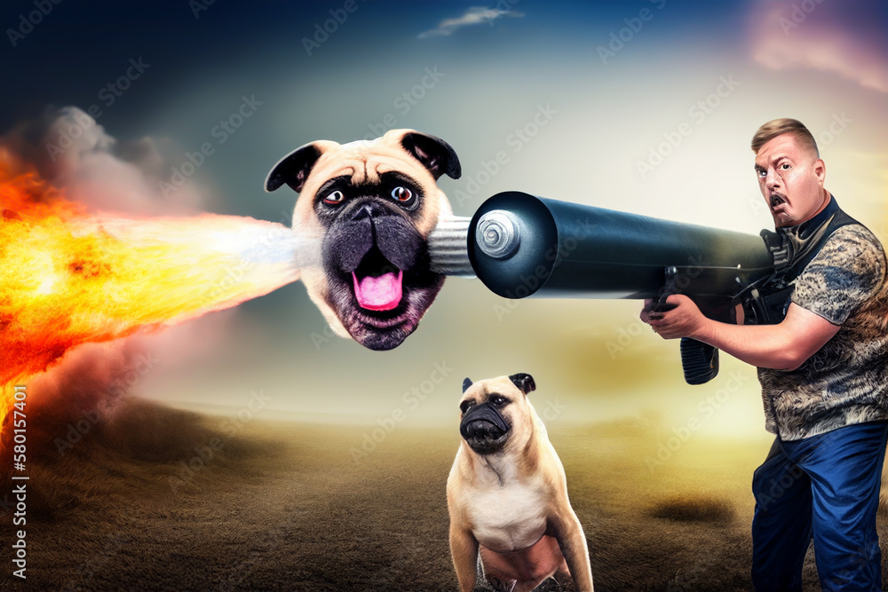 Dog with bazooka a shotsin cartoon. Bazooka in hands of evil dog. Evil ...