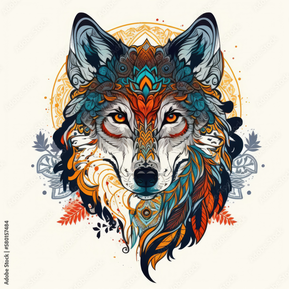 Colorful detailed wolf mandala art on a white background. Created with ...