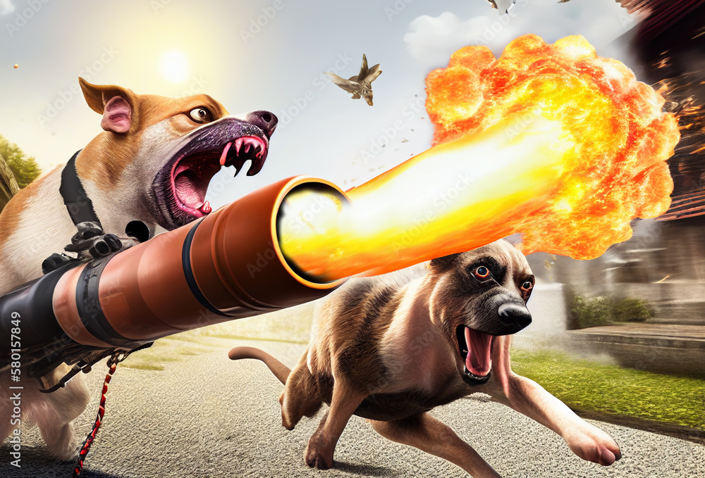 Dog with bazooka a shotsin cartoon. Bazooka in hands of evil dog. Evil ...
