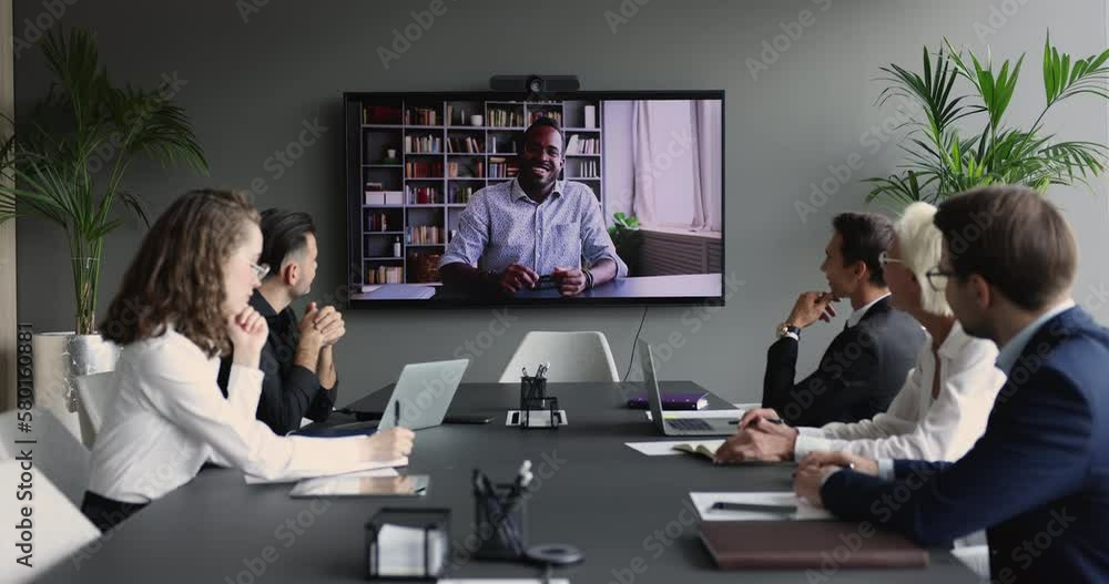 African man vacancy applicant passes job interview during group meeting ...
