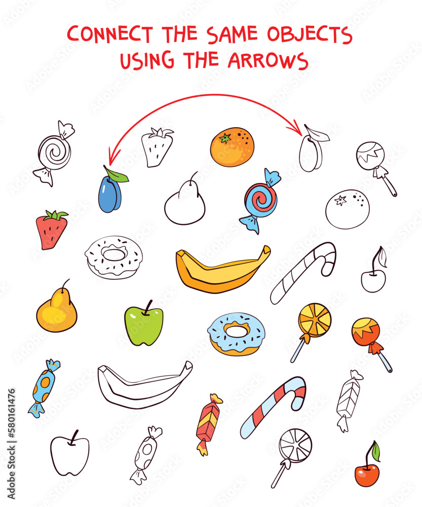 Connect same objects. Fruits and Sweets. Educational game for children ...