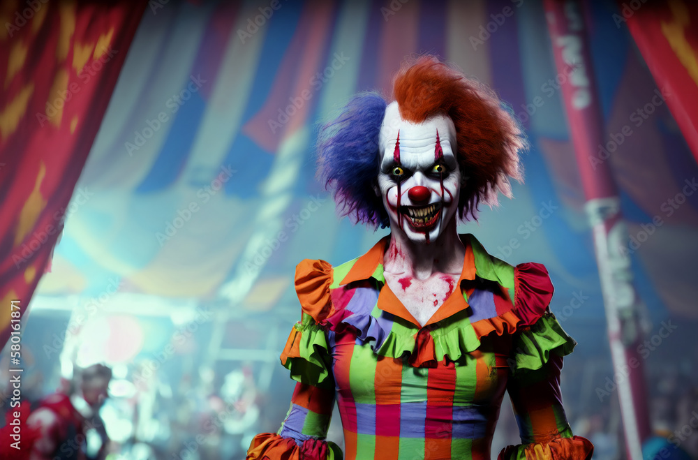 Zombie clown with creepy expression on face. Portrait of revived corpse ...