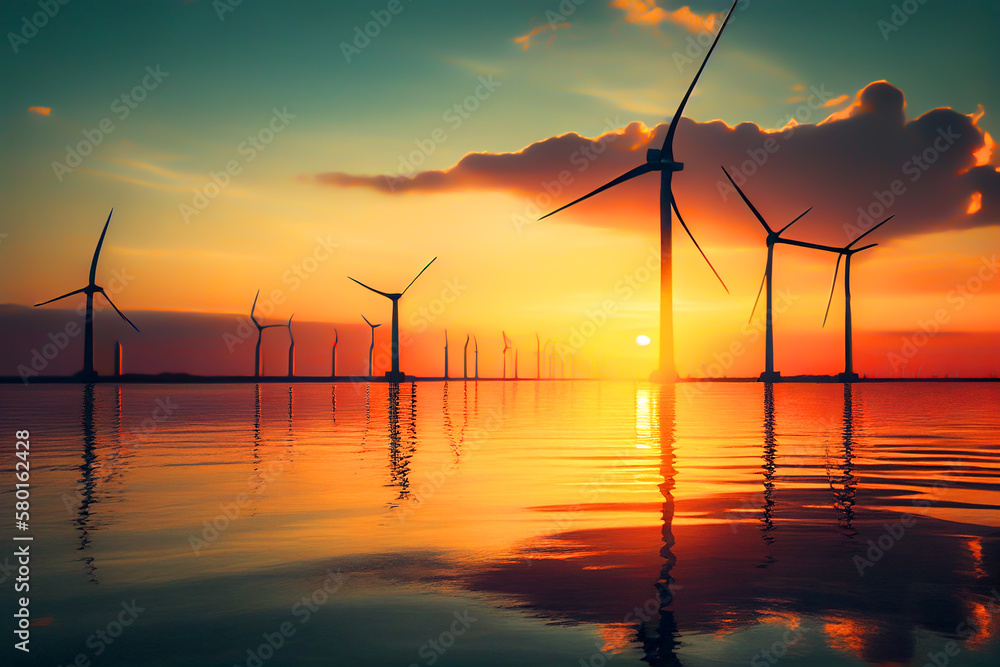 Offshore wind power. Wind turbines in sea on sunset. Offshore Wind farm ...