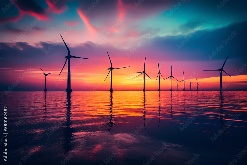 Offshore wind power. Wind turbines in sea on sunset. Offshore Wind farm ...