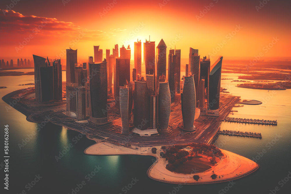 Doha, qatar on sunset, aerial view. Qatar skyline sunset. Cityscape ...