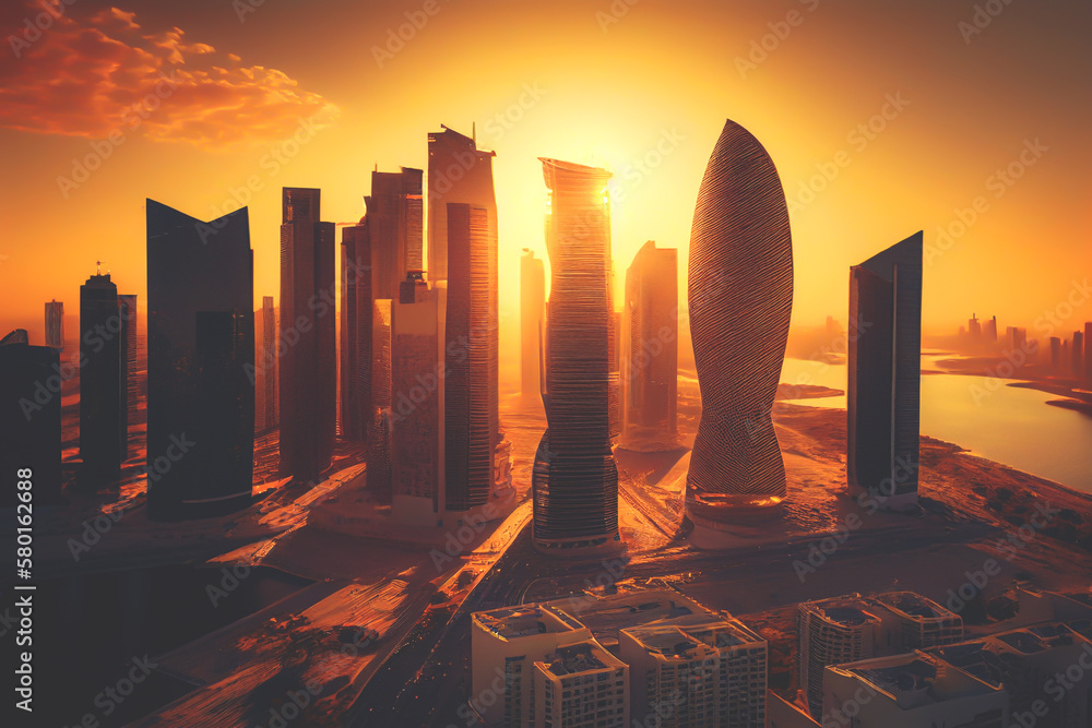 Doha, qatar on sunset, aerial view. Qatar skyline sunset. Cityscape ...