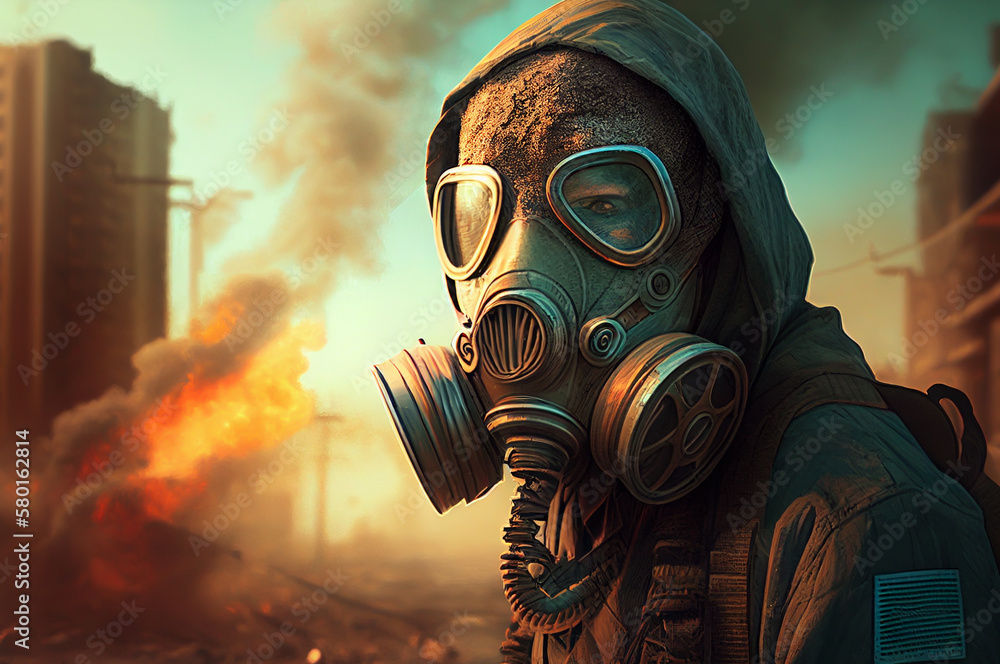 Gas mask on man during explosion. Chemical weapons against civil ...