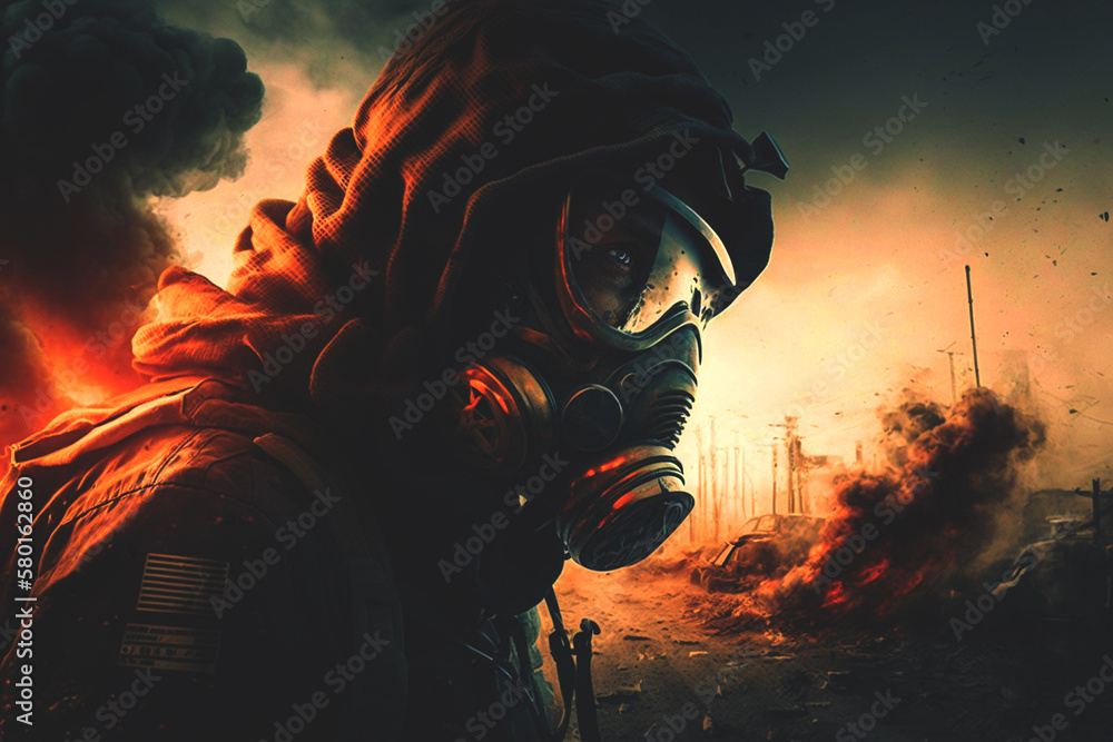 Gas mask on man during explosion. Chemical weapons against civil ...