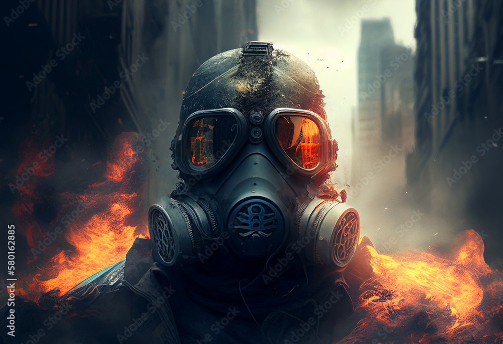 Gas mask on man during explosion. Chemical weapons against civil ...