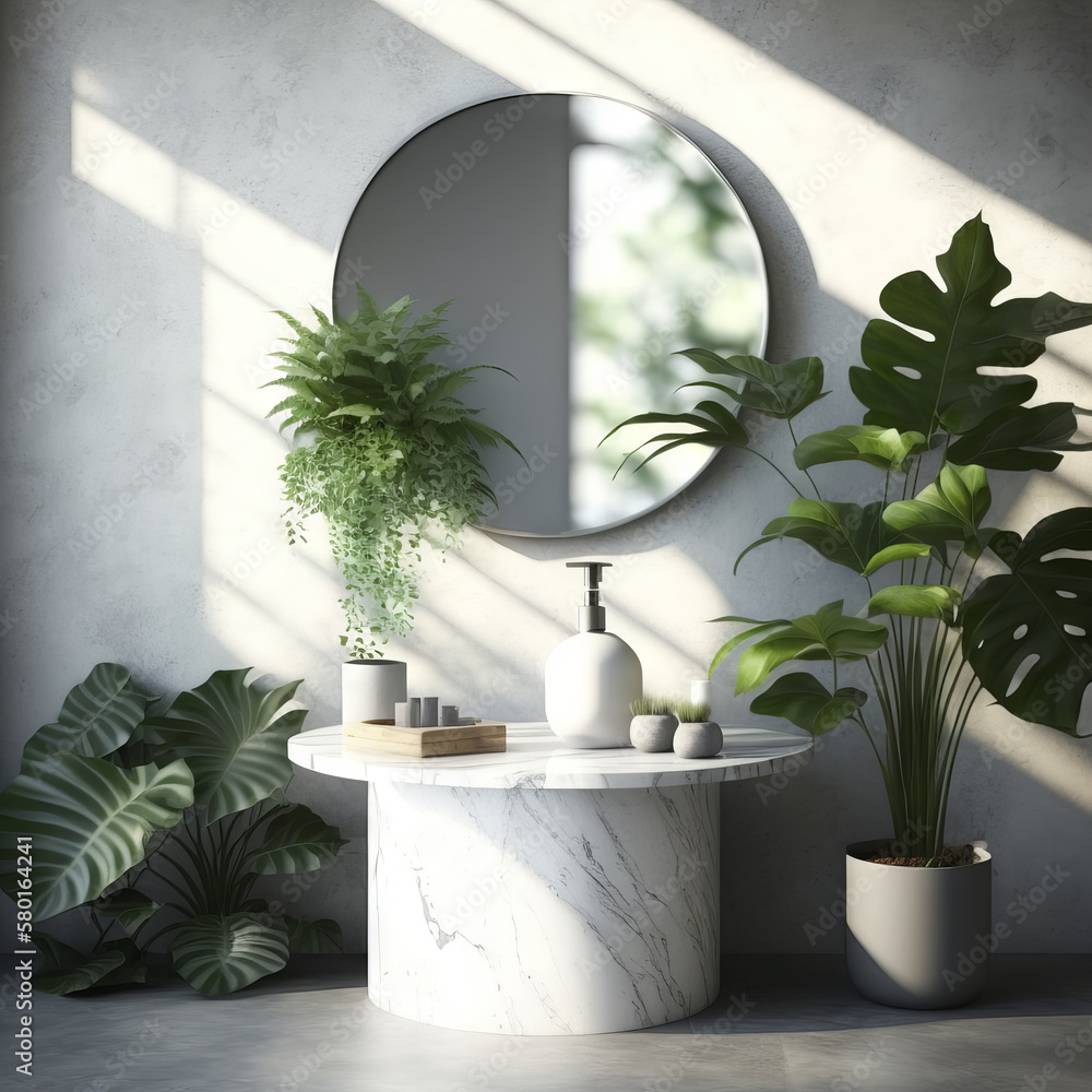White round side table, bathtub, counter and tropical plant in modern ...